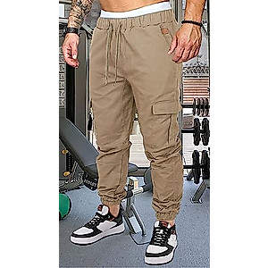 OUTSON Mens Fashion Joggers Sports Pants Casual Cotton Cargo Pants Gym Sweatpants Trousers Mens Long Pant Khaki