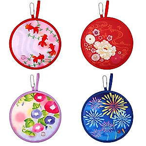 KINBOM 4pcs Folding Round Hand Fans, Flower Folding Fan Japanese Style Round Folding Fan for Women Girls Daily Use Party Home Personal Decoration (Peony)