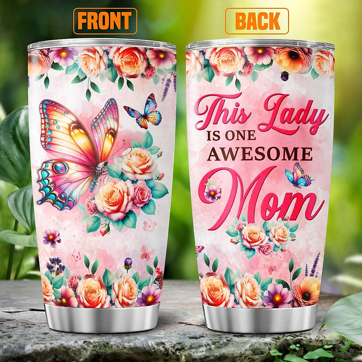 JENOIS Lady Mom Butterfly, Mothers Funny Coffee Floral Day Flower Handle Tumblers Mama Cups Mother For Women Insulated, Tumbler 20 Oz With Lid And Straw, Mom Gifts