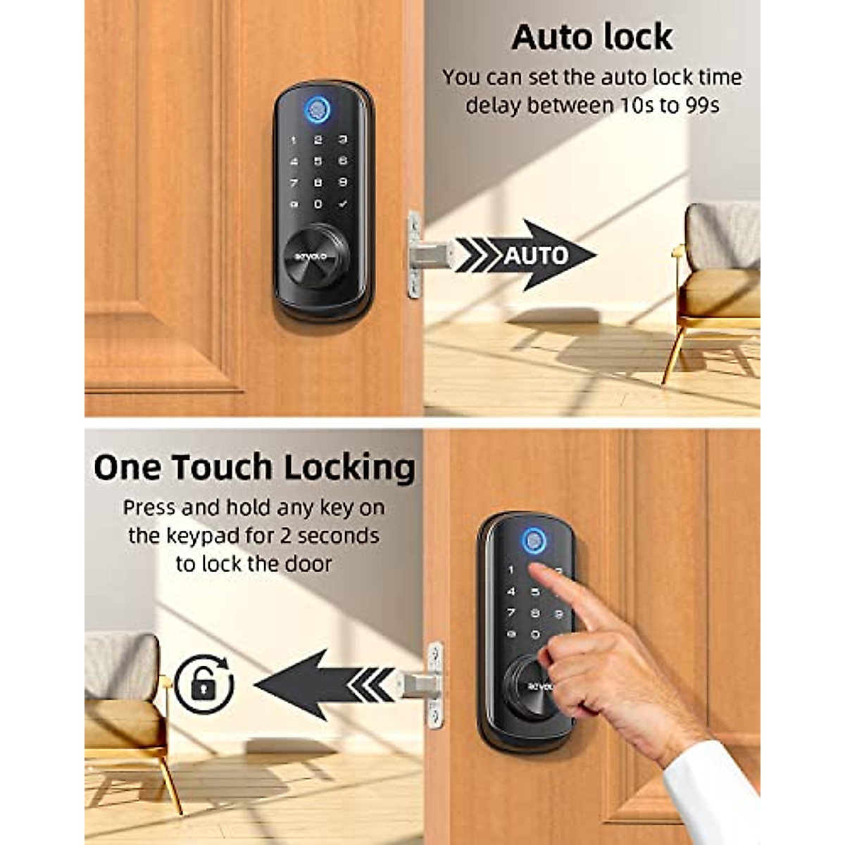 Revolo Fingerprint Smart Lock, 5-in-1 WiFi Door Lock WFP-F, Keyless Entry for Front Door with Remote App Control, 0.3S Unlock, Alexa Google Enable, Built-in Wi-Fi, ANSI Grade 2, IP65 - Black