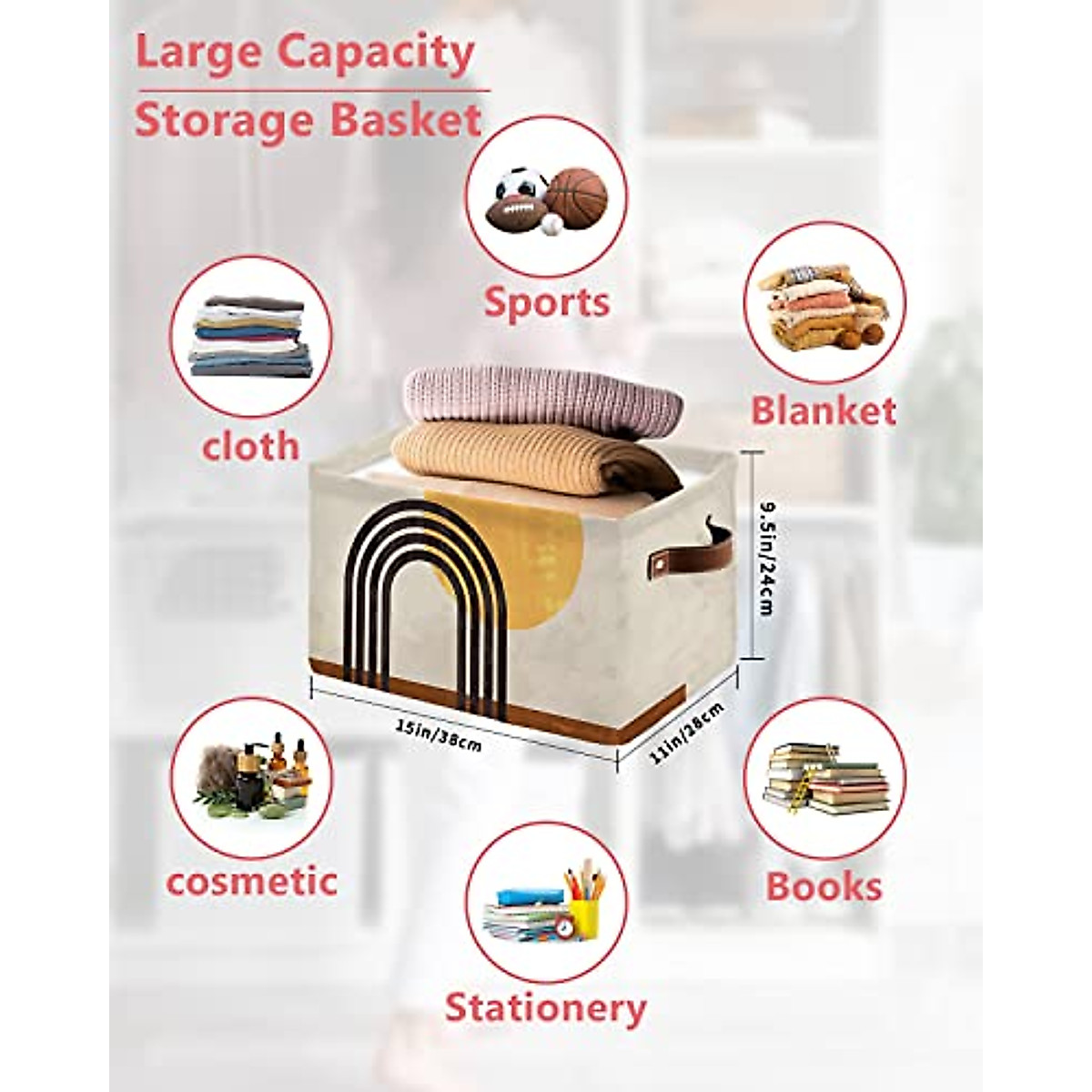 Cube Storage Bins Cloth Towel Organizer Abstract Art Mid Century Bohemian Style Sun Rainbow Boho Fabric Collapsible Storage Baskets with Handles for Home Office Closet Shelves Toy Nursery 1 Pack