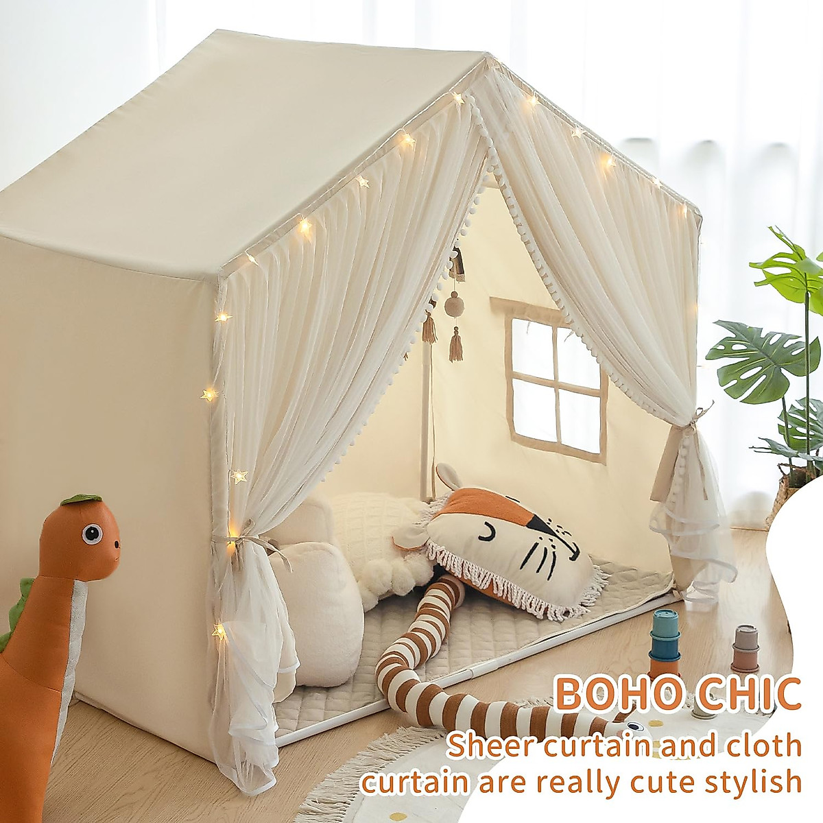 Kids Play Tent with Padded Mat, Kids Tents Large Princess Castle Pompoms Play House Indoor Playhouse Tent for Girl Bed Tents, Come with Star Lights