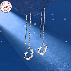 925 Sterling Silver Wave Cuff Earrings with Sparkly Cubic Zirconia Wrap Tassel Earrings for Women Dangle Earrings Threader Chain
