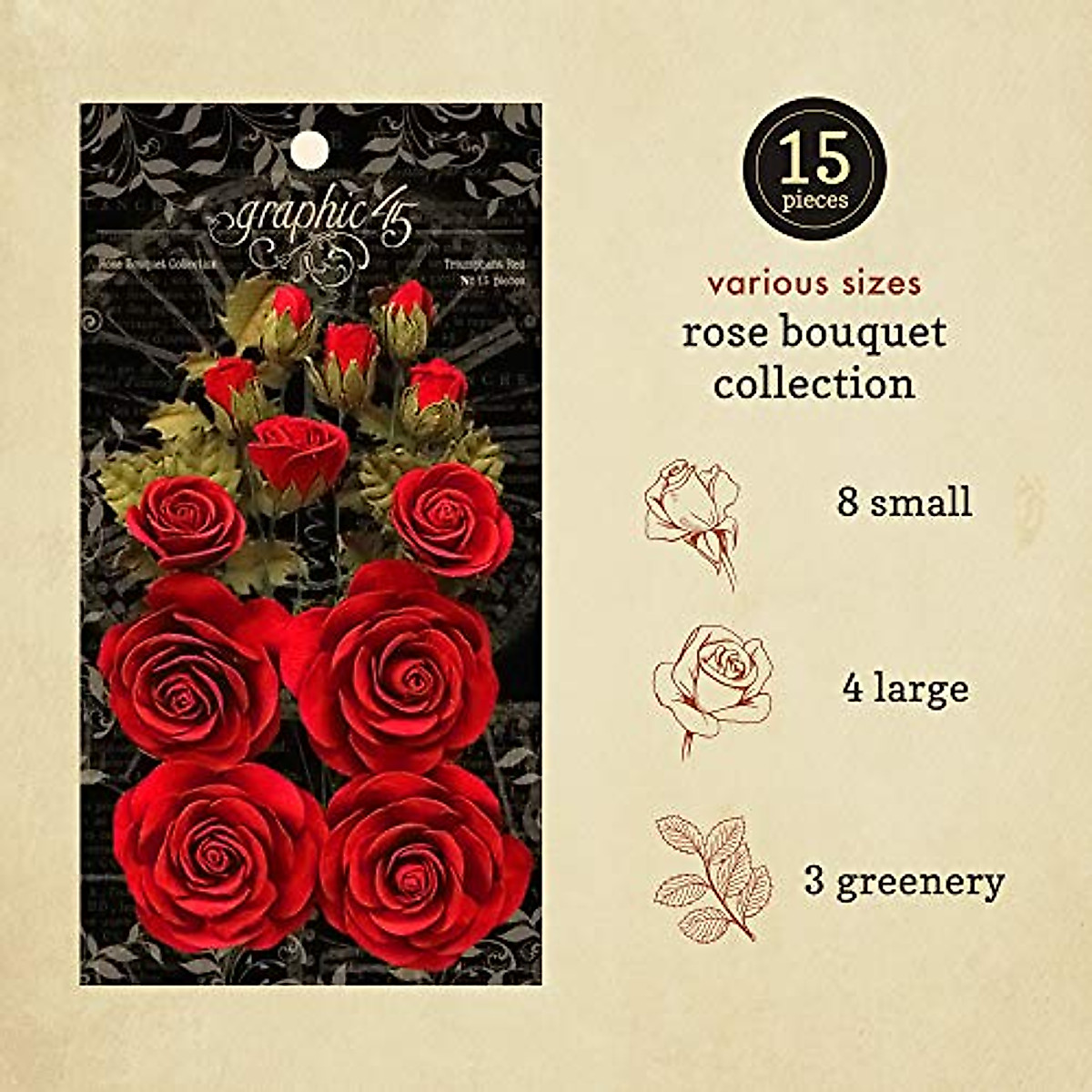 Graphic 45 Rose Bouquet Collection—Triumphant Red Paper Flowers, Multi