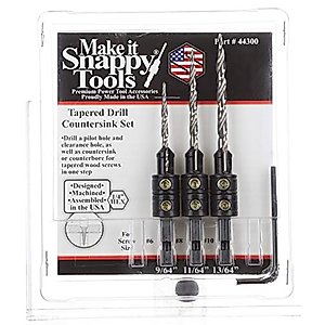 Snappy Tools 44300 New 3-Piece Hex Shank Tapered Drill Countersinks Set For #6/#8/#10 Wood Screws, Reusable, Use With Round Shank Tapered Twist Drills, 1.8-Inch Hex Key, 1/4-Inch Hex Power Bit Shank