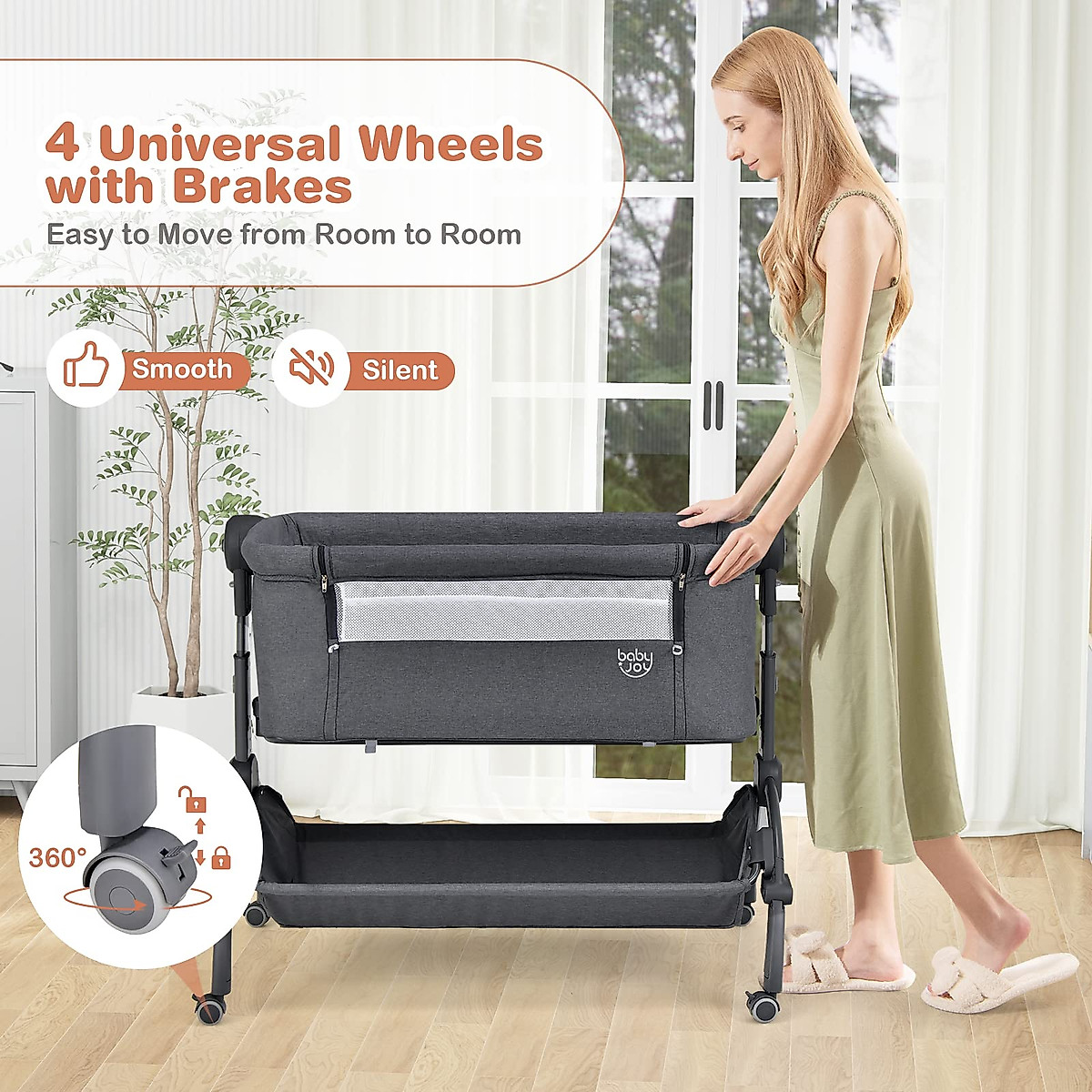 BABY JOY Baby Bassinet, 3-in-1 Rocking Bassinet w/Storage Basket, Double-Lock Design, 7 Adjustable Heights, Soft Mattress & Portable Travel Bag, Bassinet Bedside Sleeper for Newborns Infants (Gray)