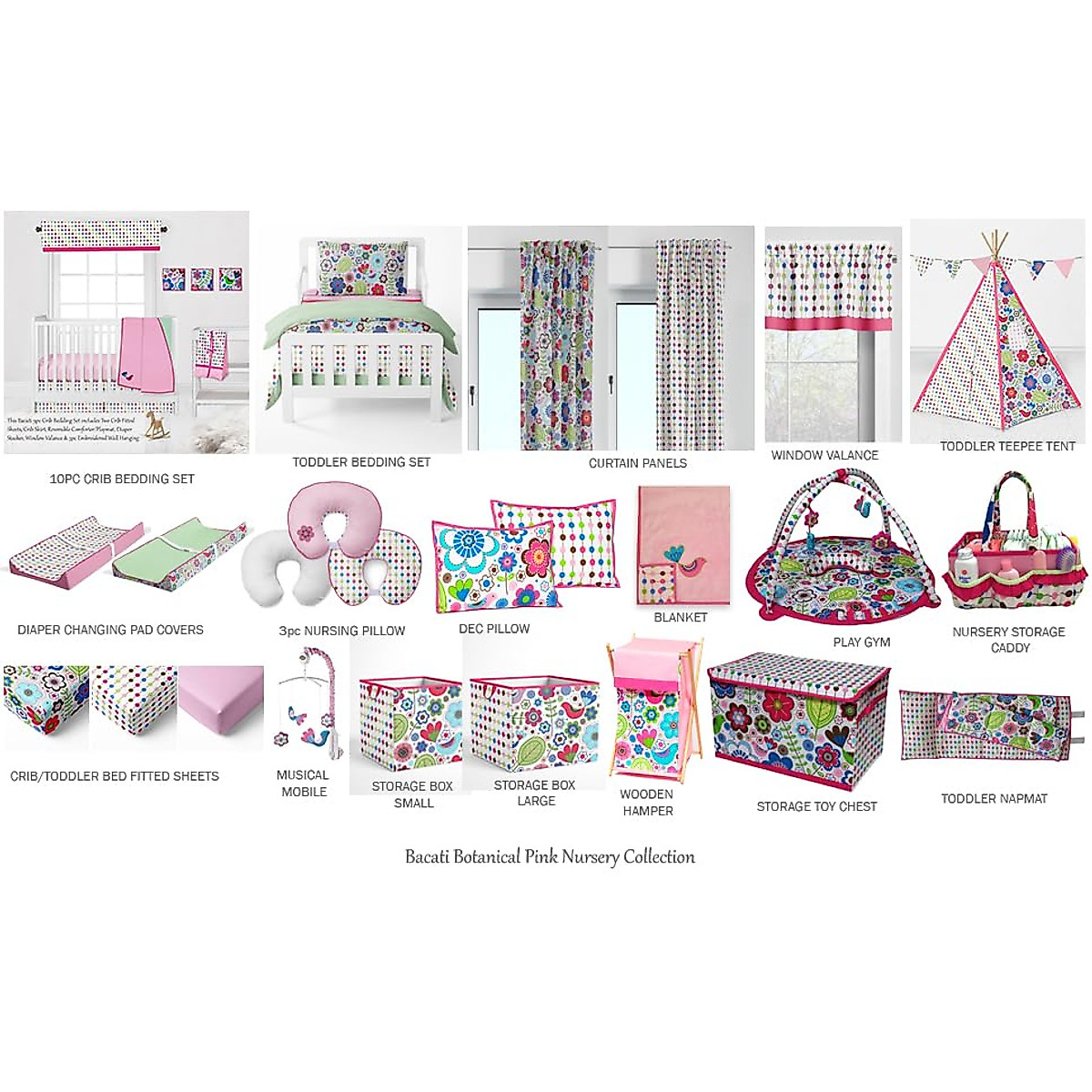 Bacati - Botanical Sanctuary Multicolor Pink Pearl String Neck Roll Pillow