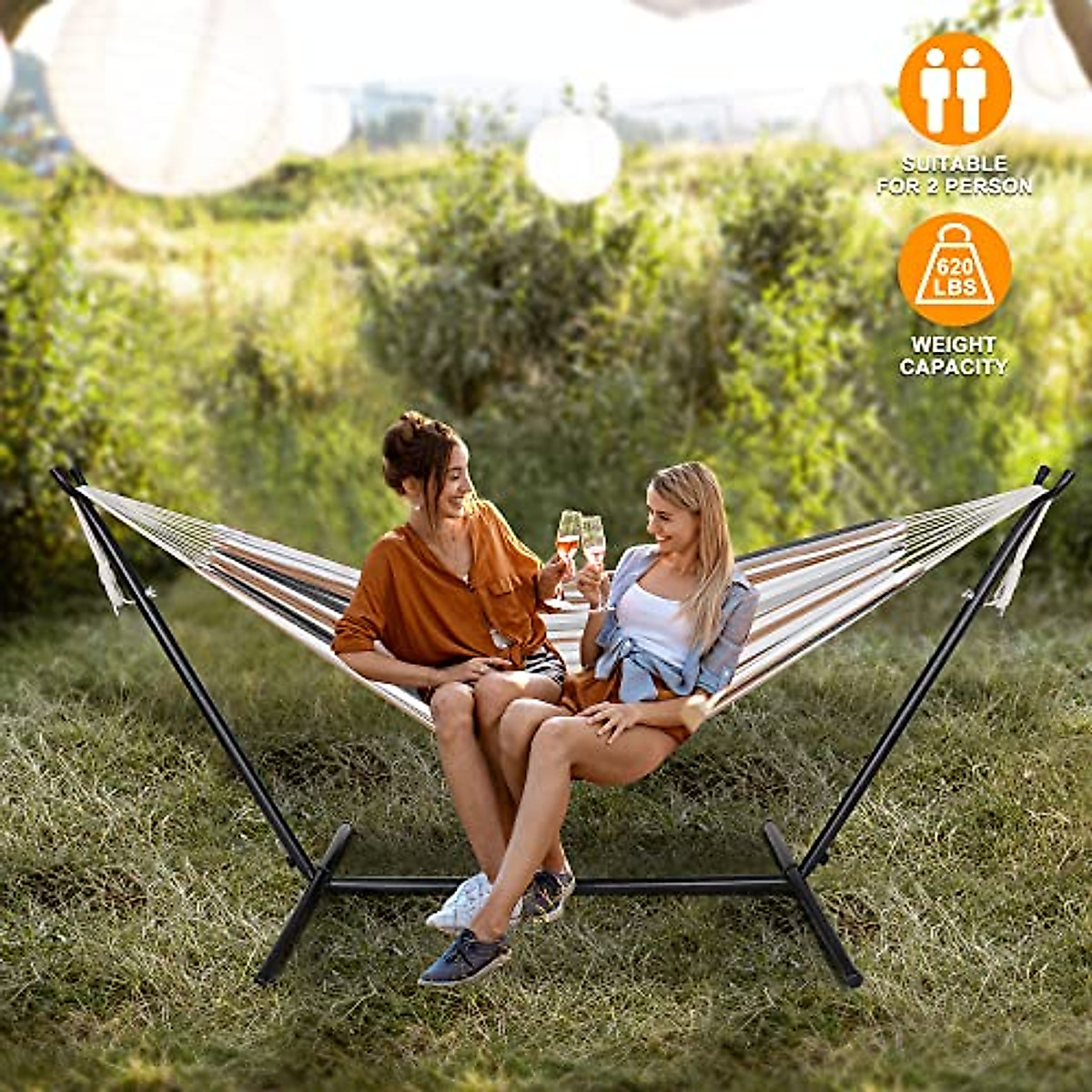SUPER DEAL Portable Hammock with 9FT Space Saving Steel Stand, Double Brazilian Heavy Duty 620lb Capacity 2-Person Hammock with Carrying Case, 6 Optional Hook Positions for Camping Garden Yard Patio