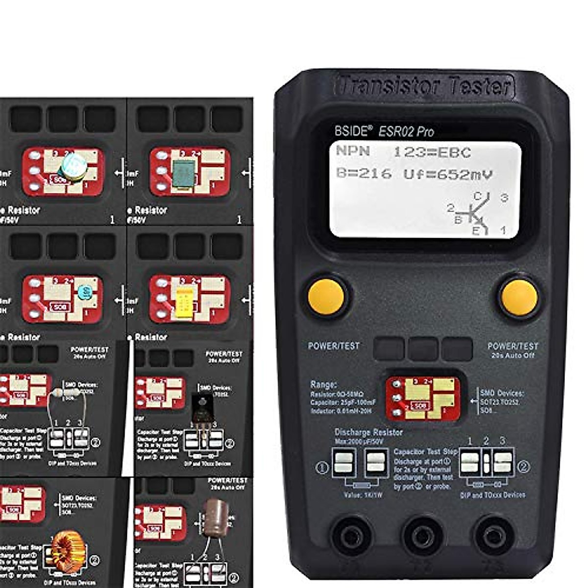 BSIDE ESR02 PRO Digital Transistor Tester SMD Components Meter Mega328 NPN/PNP Diode Triode Capacitor Inductance ESR Checker with Tweezers