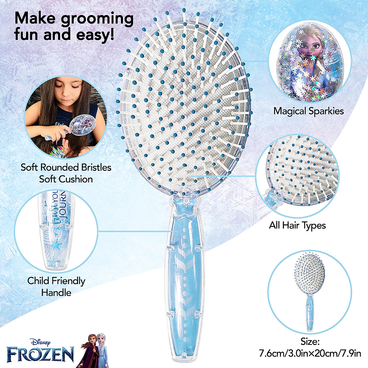 Frozen 2 Girls Snowflake Confetti Hair Brush, Silver - Ages 3+