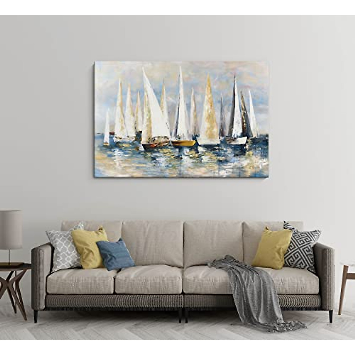 Yuegit Ocean Wall Art Sailboat Canvas Wall Art : Coastal Wall Decor Abstract Wall Art for Living Room Framed Prints for Home Decor Ready for Hang for Bedroom Bathroom Dining Room 24X36 Inch