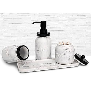 Artfrog Bathroom Accessory Set,Marble Bathroom Accessories,Mason Jar Bathroom Accessory Set, 4 Pcs Bathroom Accessory Set, Marble Look, Include Lotion Dispenser &Tumbler& Cotton Jar&Tray