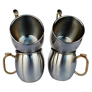 Rastogi Handicrafts Set of-4, Stainless Steel Moscow Mule Mugs Capacity-16 oz,Thumb brass handle Cold Coffee Mug/Beer Mug/Cup, Moscow Mule Mugs For Cold Drink Only