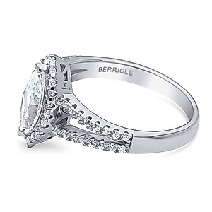 BERRICLE Sterling Silver Halo Wedding Engagement Rings Marquise Cut Cubic Zirconia CZ Promise Split Shank Ring for Women, Rhodium Plated Size 9