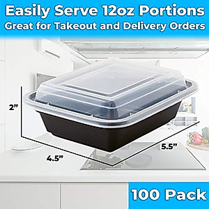 Pro Grade, BPA Free Plastic Containers with Lids, 100ct. 12oz, Leakproof, Microwavable Portion Container for To-Go Orders, Food Prep and Storage. Reusable Bento Boxes for Restaurant, Cafe and Catering