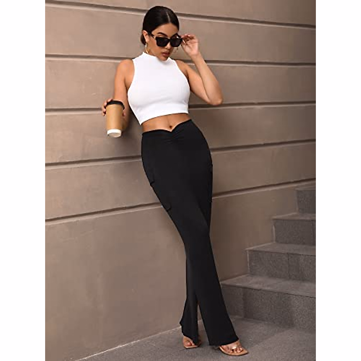 SOLY HUX Women's Y2K Skirt Long Split Solid Maxi Casual Pencil Bodycon Skirts Cargo Skirt with Pockets Solid Dark Black S