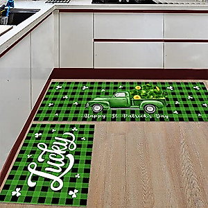 Arts Print Lucky Shamrocks Kitchen Rug Mat Set of 2,St.Patrick's Day Truck Black Green Buffalo Plaid Runner Rug,Non-Slip Durable Kitchen Floor Mat for Sink,15.7x23.6Inch+15.7x47.2Inch