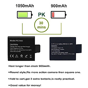 VVHOOY 3 x 1050mAh Rechargeable Action Camera Battery with USB Dual Charger Compatible with AKASO EK7000/Brave 4/Dragon Touch 4K/Campark/Crosstour/Victure/APEMAN/RUNME R2 Action Camera