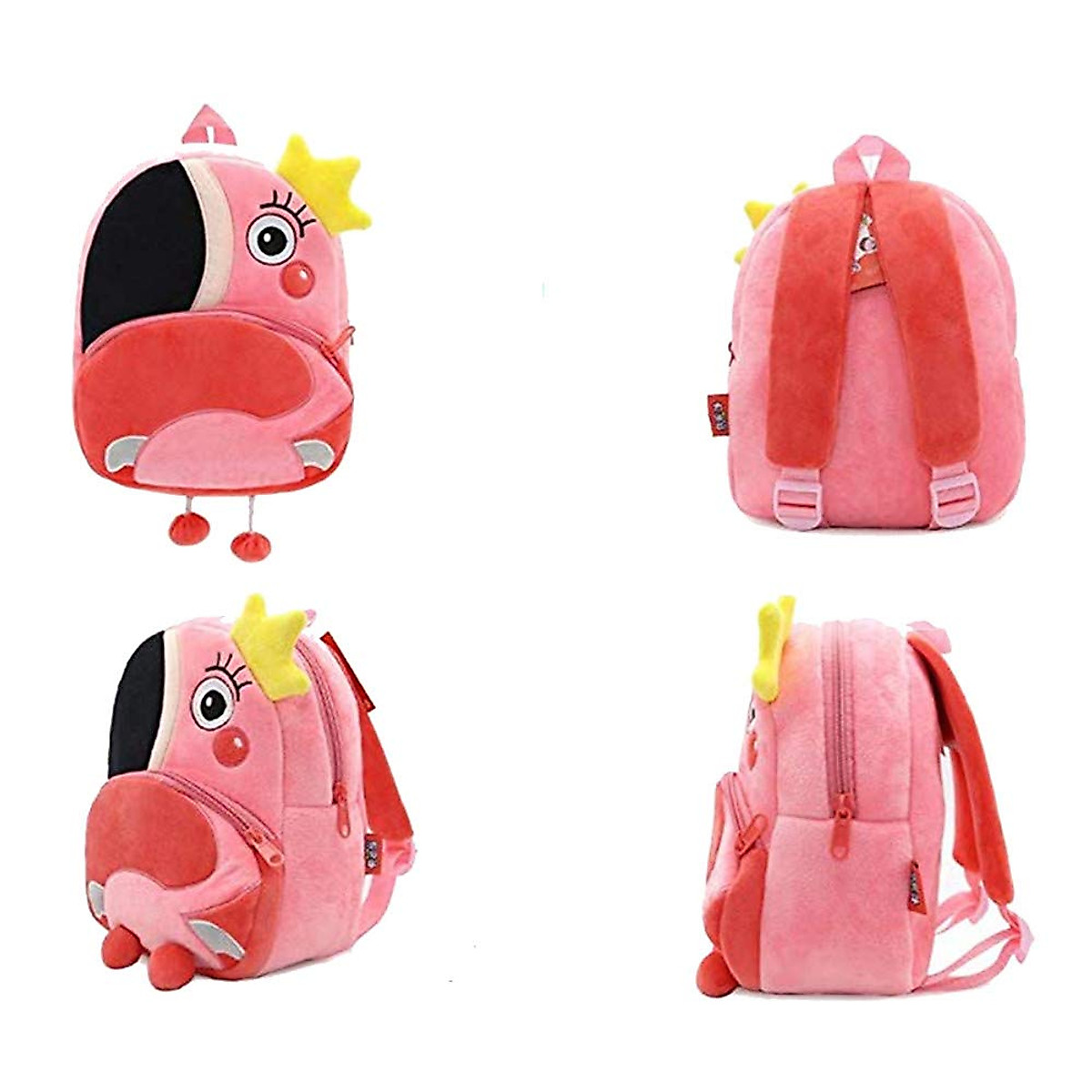 KISSOURBABY 3D Cute Cartoon Little Plush Baby Backpack Baby Toy Bag(Flamingo)