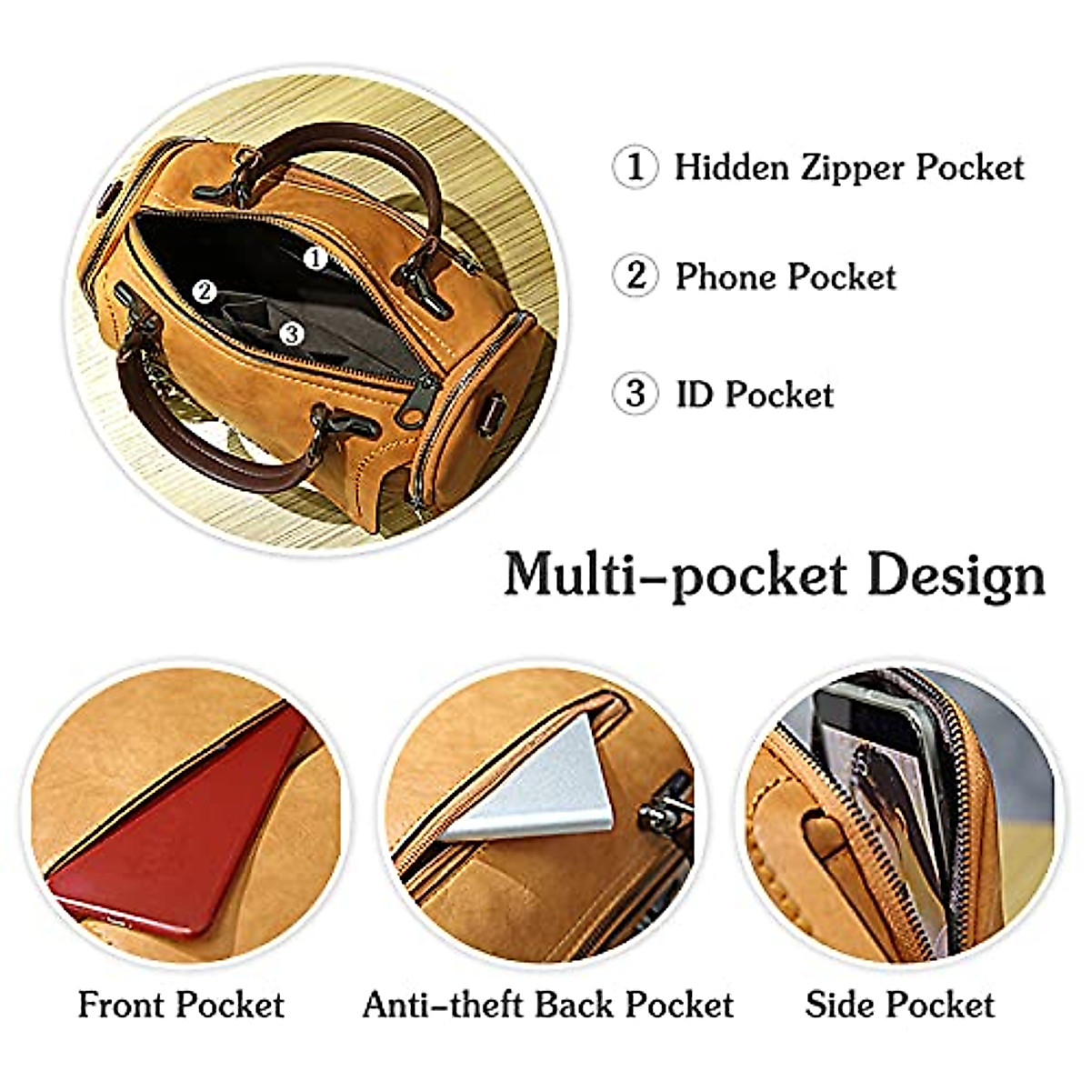 PORRASSO Retro Handbag Women Crossbody Bag Ladies Shoulder Bag Waterproof PU Leather Top-Handle Bag Work Travel Dating Boston Bag Light Brown