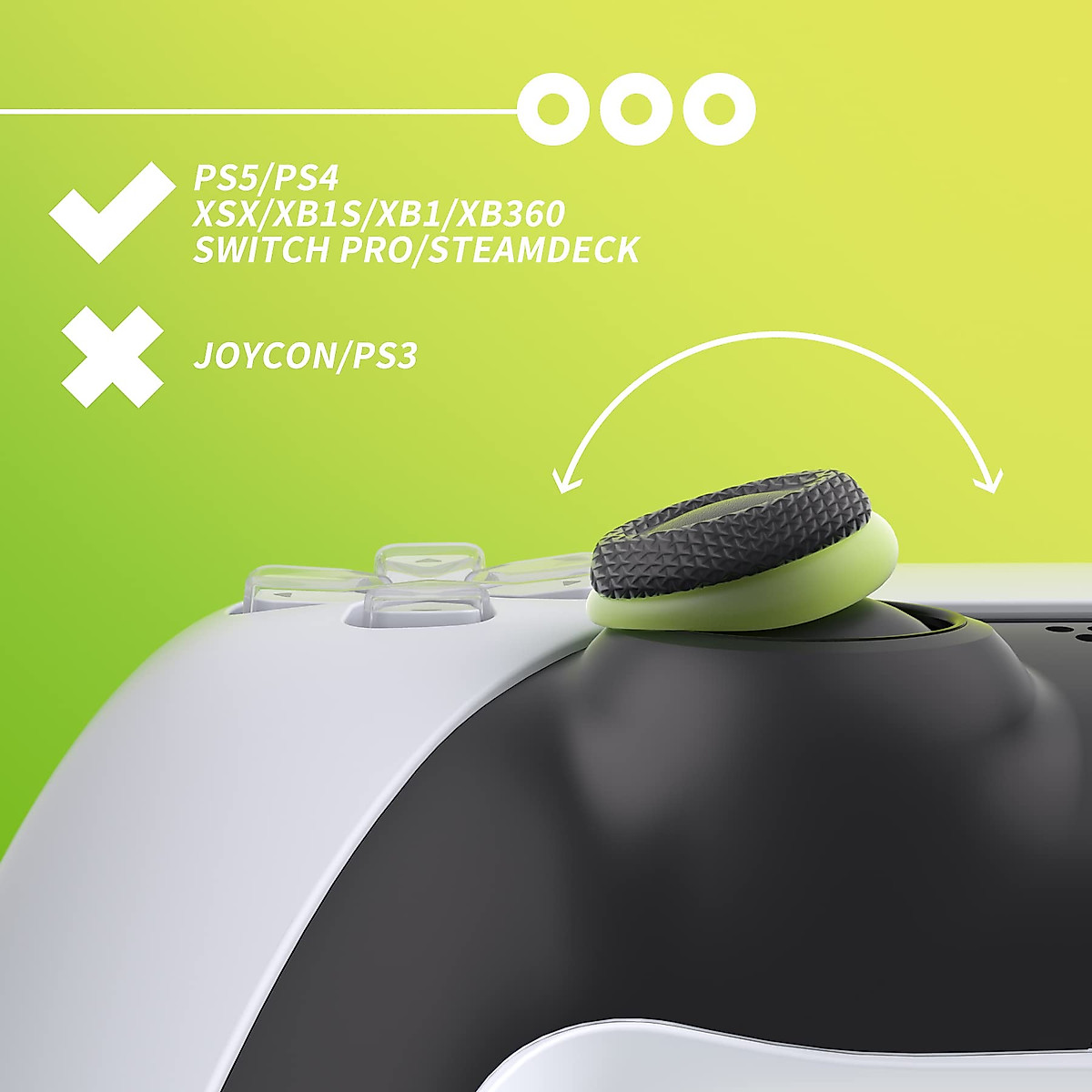 PlayVital 3 Pairs Silicone Aim Assist Target Motion Control Precision Rings for ps5, for ps4, for Xbox Series X/S/One / 360, for Switch Pro, for Steam Deck - Clear Black White & Glow in Dark Green