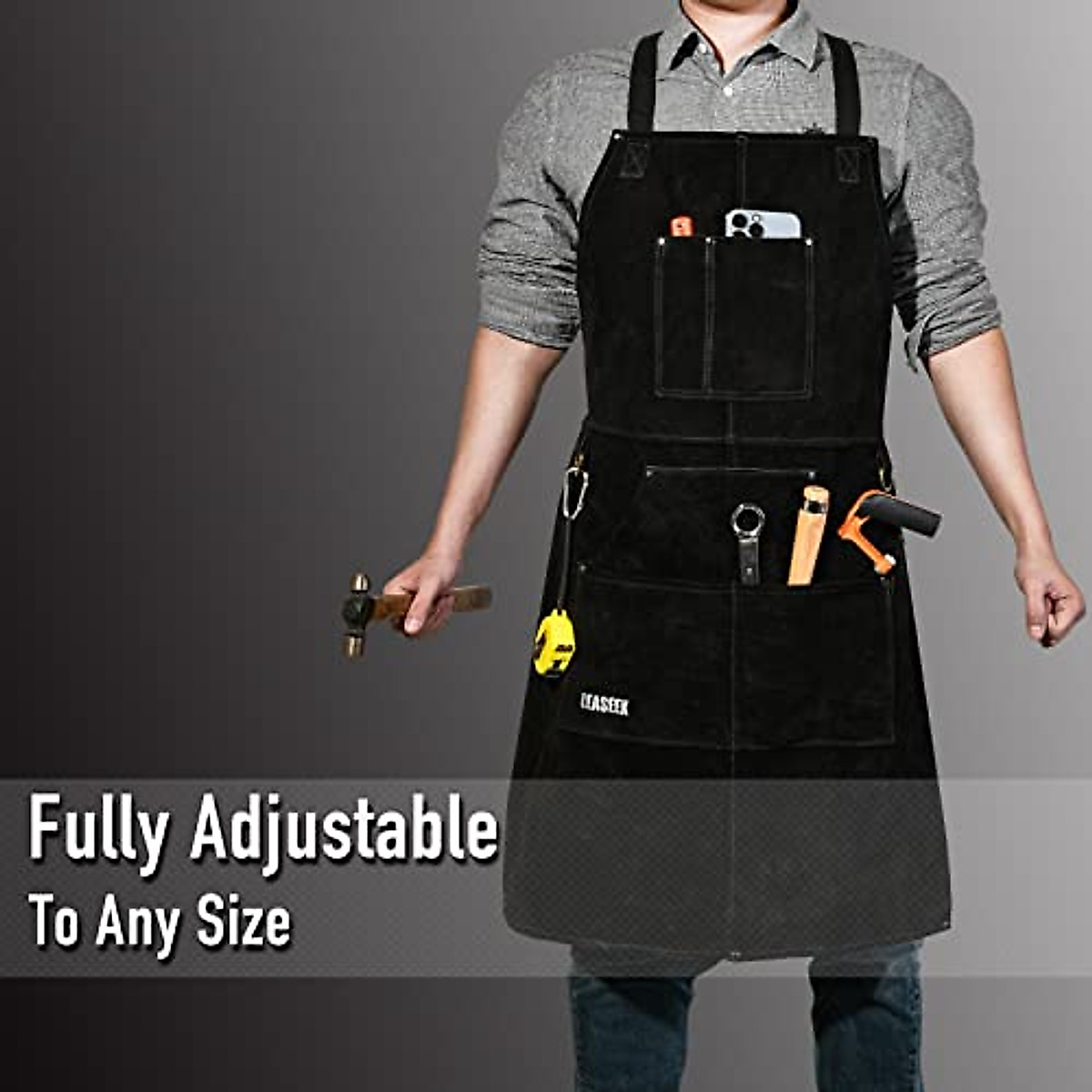 LeaSeek Leather Welding Apron,Heat & Flame-Resistant Heavy Duty Work Apron with 6 Pockets,Woodworking Shop Apron (Black-42)