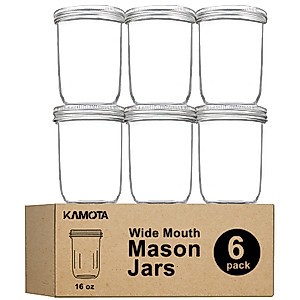 KAMOTA Wide Mouth Mason Jars 16 oz, 16oz Mason Jars Canning Jars Jelly Jars With Wide Mouth Lids and Bands, Ideal for Jam, Honey, Wedding Favors, Shower Favors, Baby Foods, 6 PACK
