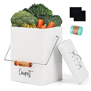 Monjita Kitchen Compost Bin, 1.7 Gallon Countertop Compost Bin for Kitchen with Lid, Indoor Compost Bin with 2 Carbon Filters, Small Compost Bucket, Food Waste Bin for Kitchen with Trash Bags (White)