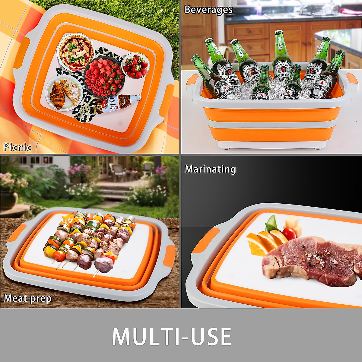 Large Collapsible Cutting Board(4.22 Gal/16L), Foldable Camping Sink with Colander, BBQ Prep Tub with Lid, Multifunction Dish Basin for Kitchen, Bowl, Vegetable and Fruit, Storage Basket for Picnic