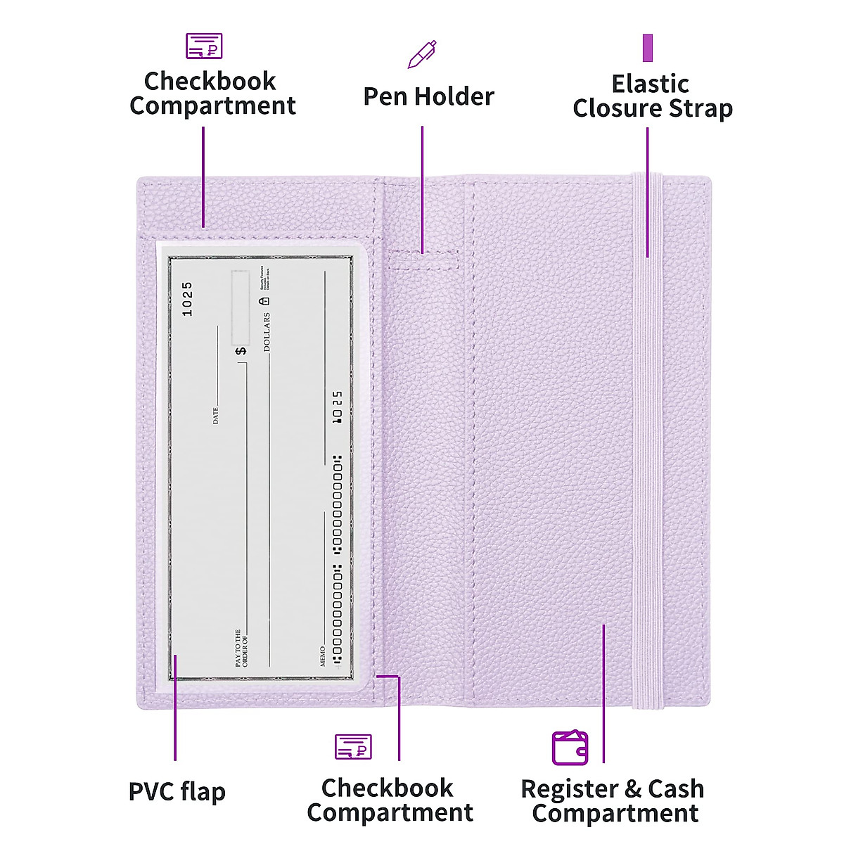 Zreal Checkbook Cover for Women, Premium Vegan Leather Checkbook Covers for Personal Checkbook with Pen Holder, Slim Checkbook Cover with Duplicate Flap (Light Purple)