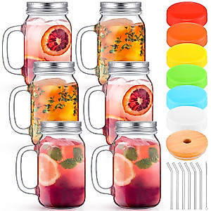 6 Pcs Mason Jar Drinking Glasses Set 16 oz Mason Jars with Handle Reusable Mason Jar Cup Mason Jar Mugs Glass Smoothie Cups with Lids and Straws for Iced Coffee Travel Tea Juice Milk Milkshake