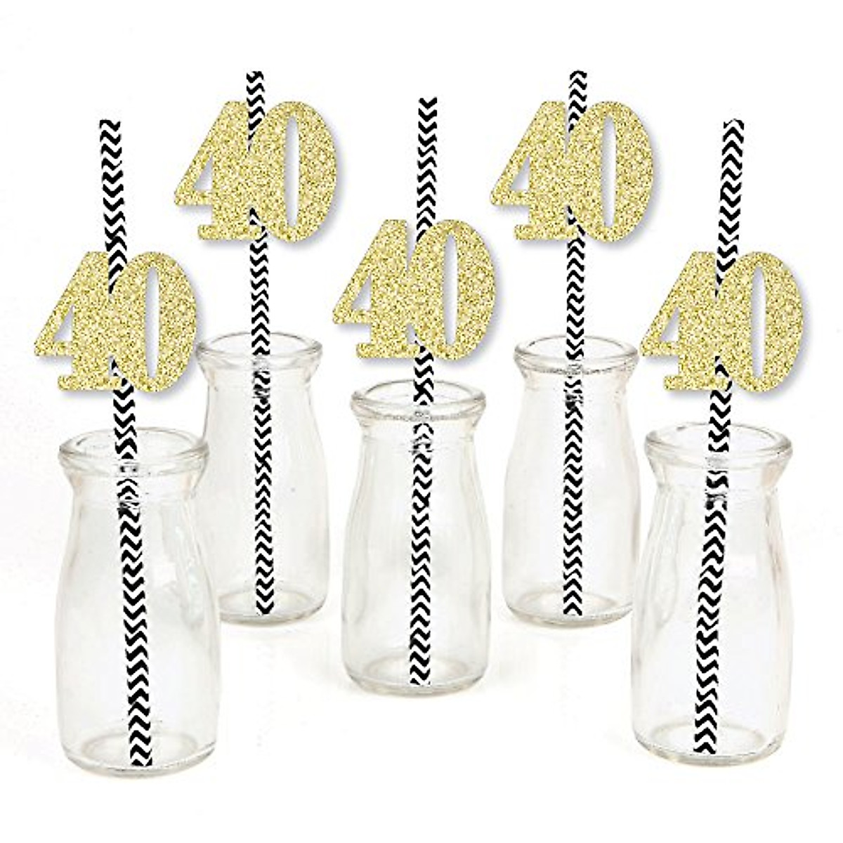 Gold Glitter 40 Party Straws - No-Mess Real Gold Glitter Cut-Out Numbers & Decorative 40th Birthday Party Paper Straws - Set of 24