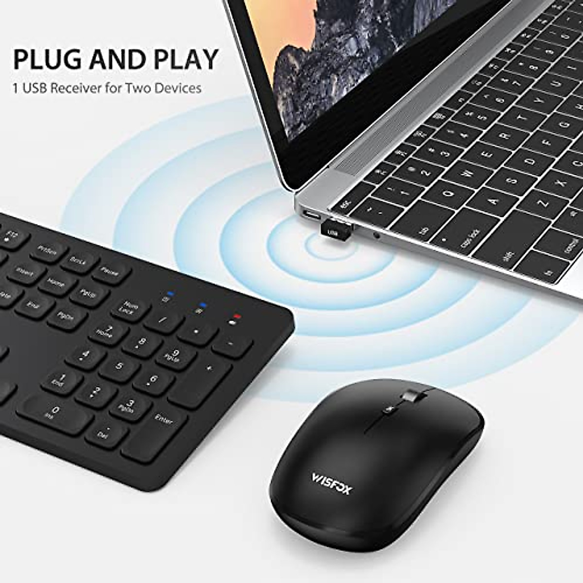 Wireless Keyboard and Mouse, Silent Responsive Keys, Full Size and Battery Powered - Slim Design and Quiet Typing, USB Cordless Combo for Mac, Computer, PC, Laptop - by Wisfox, Black