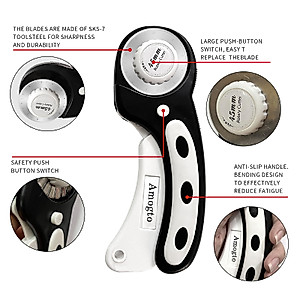 Amogto Rotary Cutter for Fabric, 45mm Fabric Cutter with 7pcs Rotary Cutter Blades, Ergonomic Quilting Supplies Tool for Leather, Crafting, Sewing, Quilting, Fabric Cutter Wheel for Left & Right Hand
