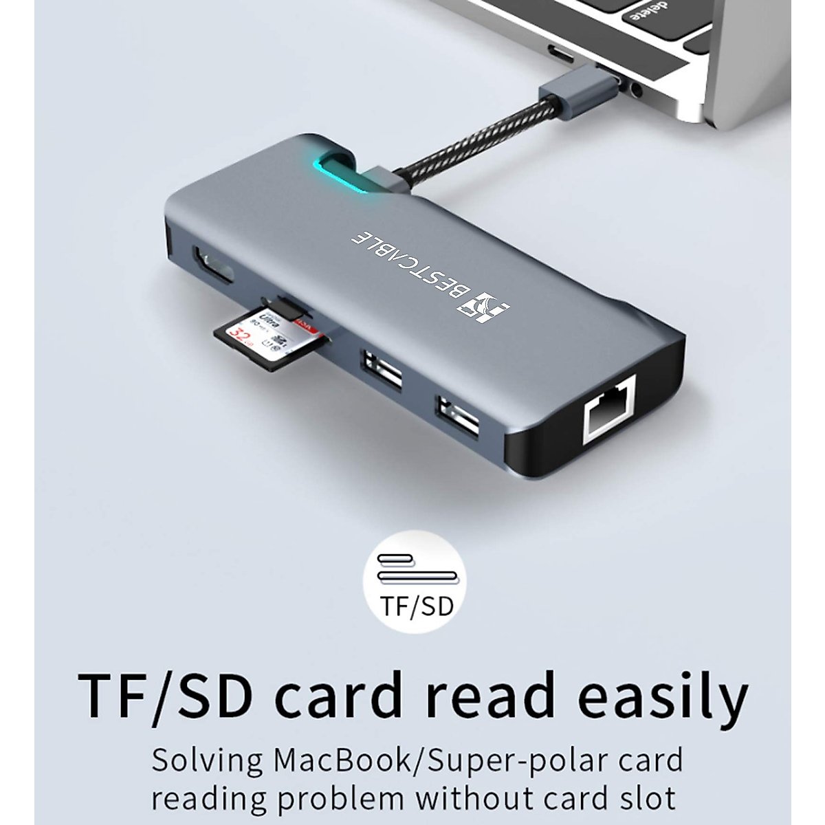USB C Hub Adapter, BEST CABLE 7 in 1 USB C to HDMI 4K Adapter, Gigabit Ethernet RJ45, USB C Power Delivery, 2*USB 3.0 Port, SD/TF Card Reader Compatible with MacBook Pro,MacBook Air,Samsung,and More
