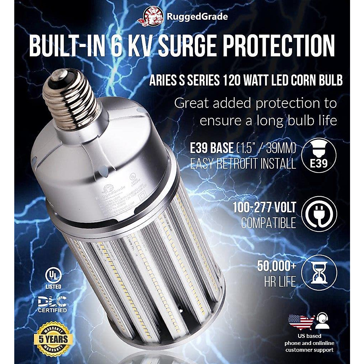 120 Watt LED Corn Bulb - Aries III Series - 16,400 Lumens - 5000K - E39 Large Mogul Base - Built-in 6KV Surge - Dimmable - DLC 5.1
