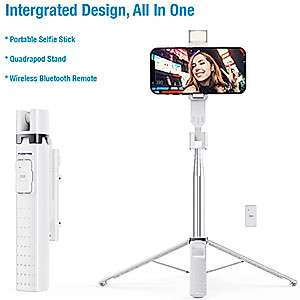 Fugetek 40'' Quadrapod Lighted Selfie Stick Stand, Lightweight 7oz, Wireless Bluetooth Remote, Patented Ultra Stable 4 Legs, 3 Onboard Light Modes, Compatible with iPhone & Android (White)