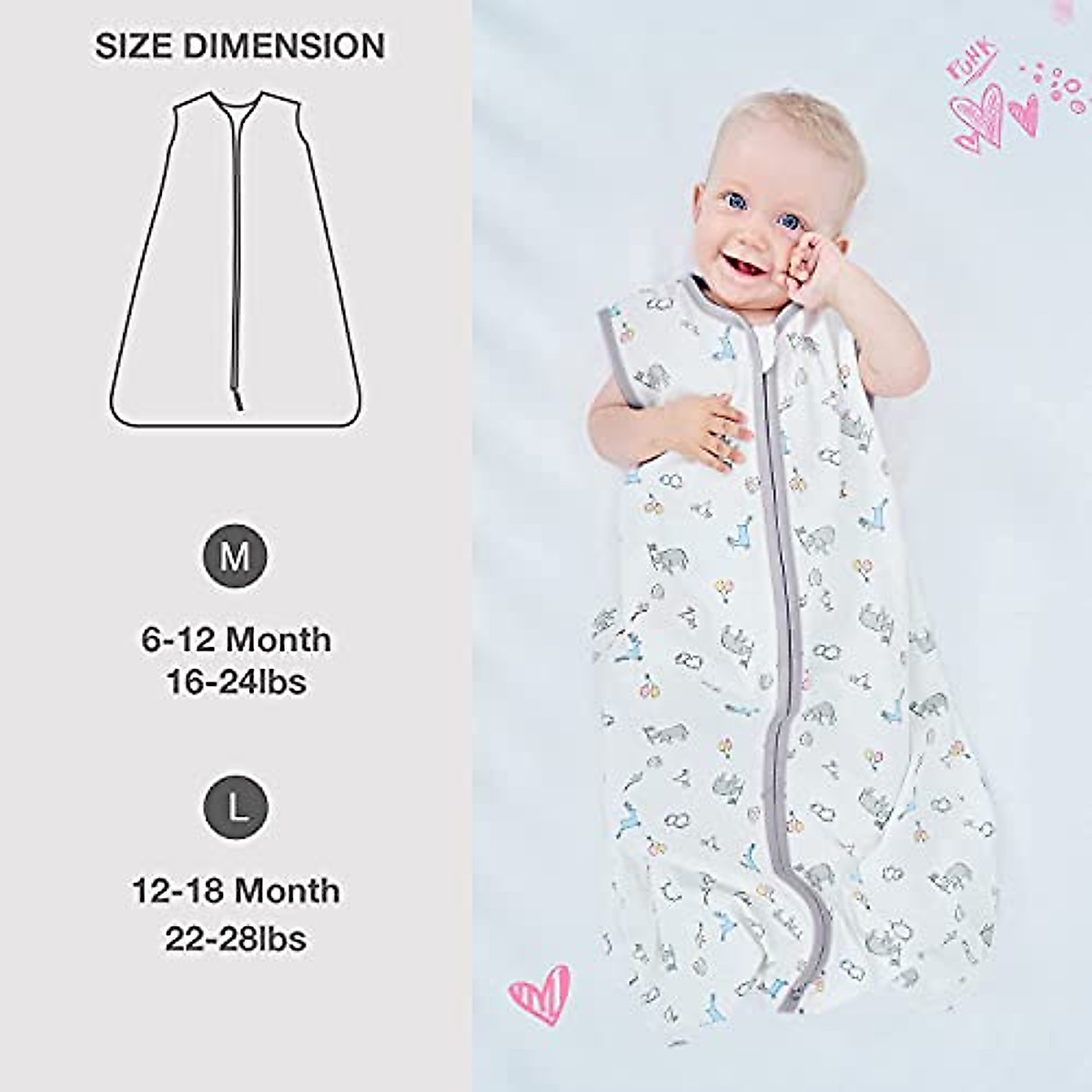EXQ Home Baby Sleep Sack L 2-Pack,Sleep Sack 2t Wearable Blanket Baby Unisex Soft Baby Sleep Sack 12-18 Months,Sleeping Bag Baby Cotton Sleeveless Sleepsack 2-Way Zipper,White Rabbit