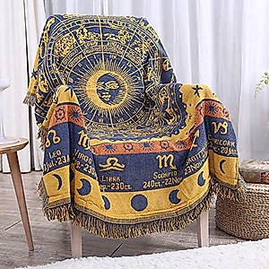 Erke 50" X 70" Double Sided Cotton Woven Couch Throw Blanket Featuring Decorative Boho Tassels - Zodiac Constellations, Yellow/Blue
