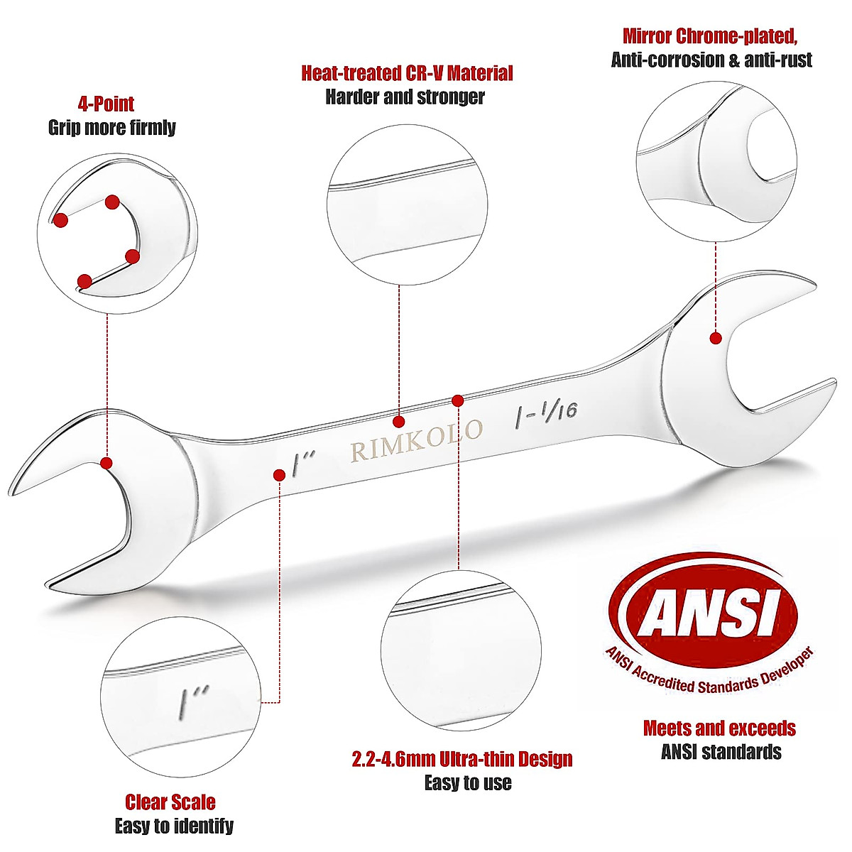 RIMKOLO Super-Thin Open End Wrench Set, 16-Piece SAE & Metric 3/8" to 1-1/4" and 5.5mm to 27mm Chrome Vanadium Steel Wrench Set with Rolling Pouch