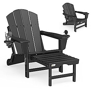 Mdeam Folding Adirondack Chair Lawn Outdoor Fire Pit Chairs Weather Resistant with 2 Cup Holder/Adirondack Retractable Ottoman（Black）