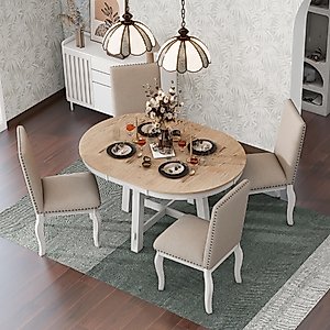 WADRI 5-Piece Dining Table Set with Solid Wood Round Extendable Dining Table and 4 Upholstered Chairs, Farmhouse Rustic Dining Set for 4, Suitable for Kitchen Dinning Room