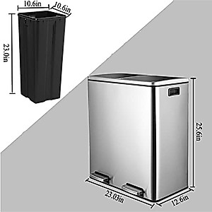 Increkid Dual Trash Can, 16 Gal Stainless Steel Rubbish Bin, Large Garbage Cans for Kitchen with Recycling Bin, Recycle Dustbin w/Removable Inner Buckets, Soft-close and Airtight Lid, Handles, 60L (Silver)