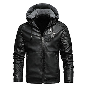 Maiyifu-GJ Men Stand Collar Leather Jacket Fleece Lined Faux Leather Motorcycle Jackets Zip Up Biker Coat with Removable Hood (Black,4X-Large)