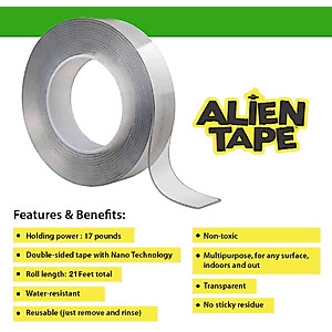 Bell+Howell Alientape Nano Double Sided Tape, Multipurpose Removable Adhesive Transparent Grip Mounting Tape Washable Strong Sticky Heavy Duty for Carpet Photo Frame Poster Décor As Seen On TV