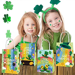 sorkwo 12 Pack St. Patrick's Day Gift Bags with Handle, Shamrock Theme Party Gift Bag Irish Clover Holiday Gift Bags for St. Patrick's Day Party Favors Supplies (St. Patrick's Day Gift Bags)