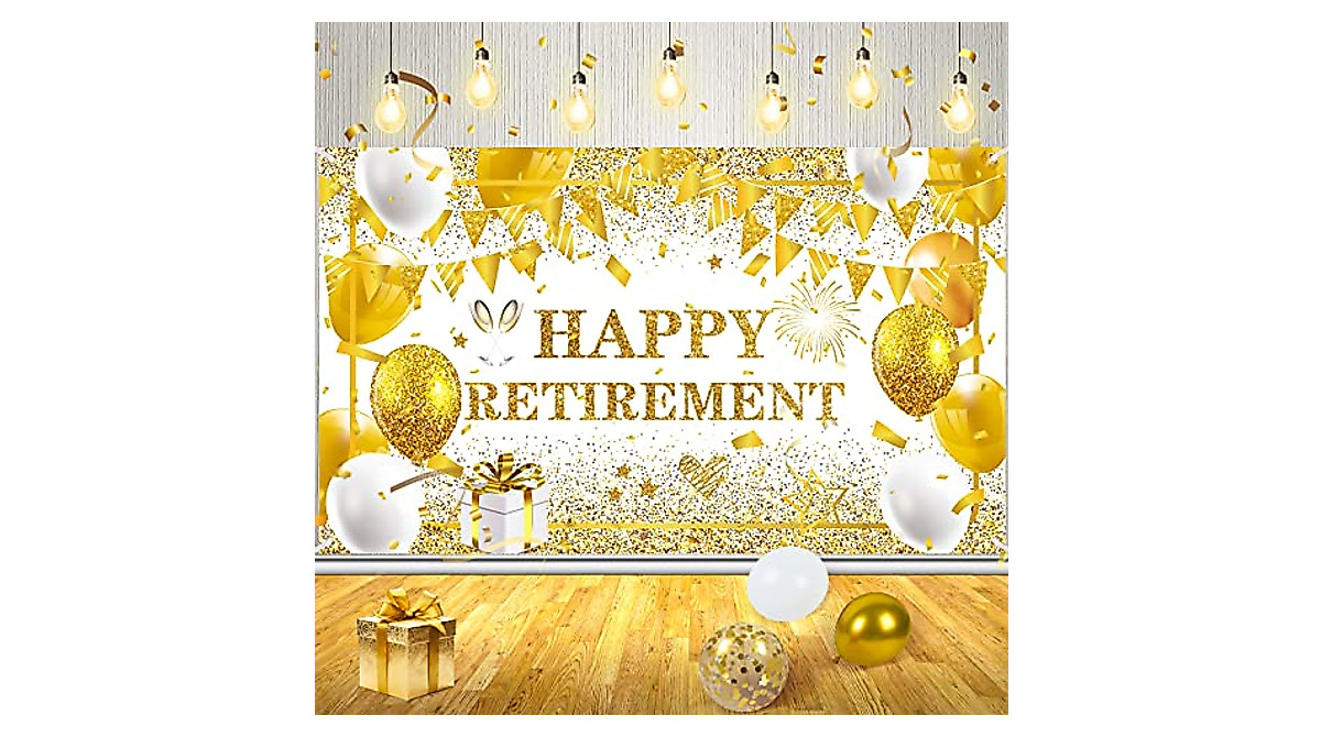 Retirement Party Backdrop – Gold & White Large Banner for Celebrations