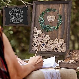 Aodaer Wedding Guest Book Alternative Drop Top Frame Heart Drop Wood Guest Book with Stand 122 Wooden Hearts Pens Box Mini Blackboard Rustic Wedding Decorations for Reception Baby Shower, Brown