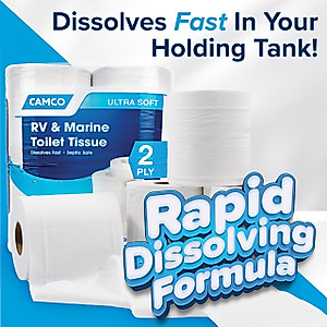 Camco Camper & RV Toilet Paper - 16-Rolls - 2-Ply Quick Dissolve RV Septic Safe Bath Tissue - Dye & Fragrance Free - 500 Sheets Per Roll (40282)