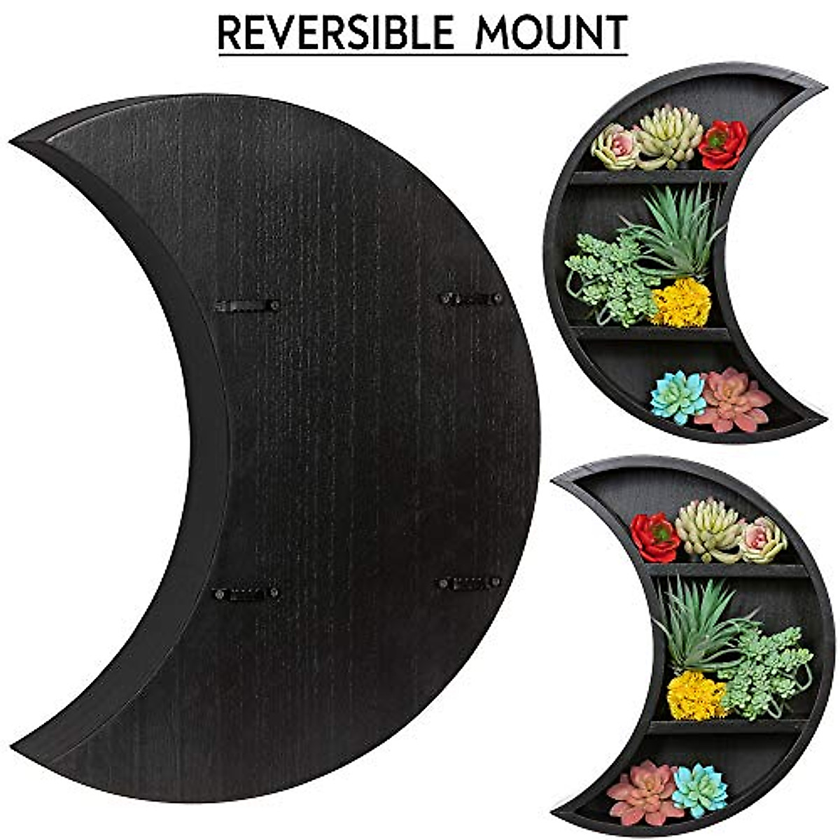 RUSTIX Rustic Black Crescent Moon Shelf - Wall Mounted Hanging Floating Shelves for Essential Oil Display or Crystal Holder - Moon Phase Hippie Celestial Boho Nursery Decor - Gothic Witchy Room Decor